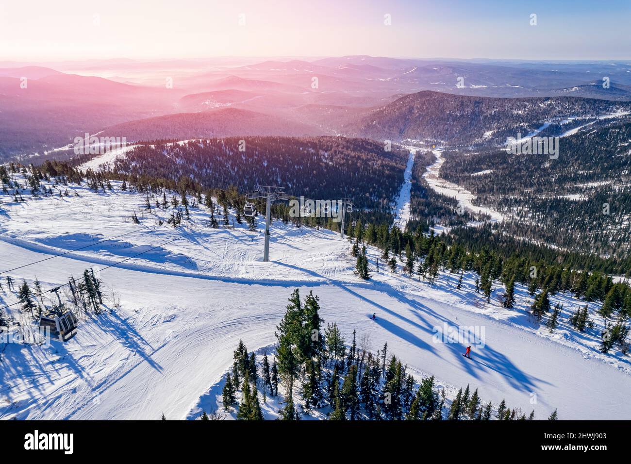 Aerial top view Sheregesh ski lift resort winter, landscape mountain ...