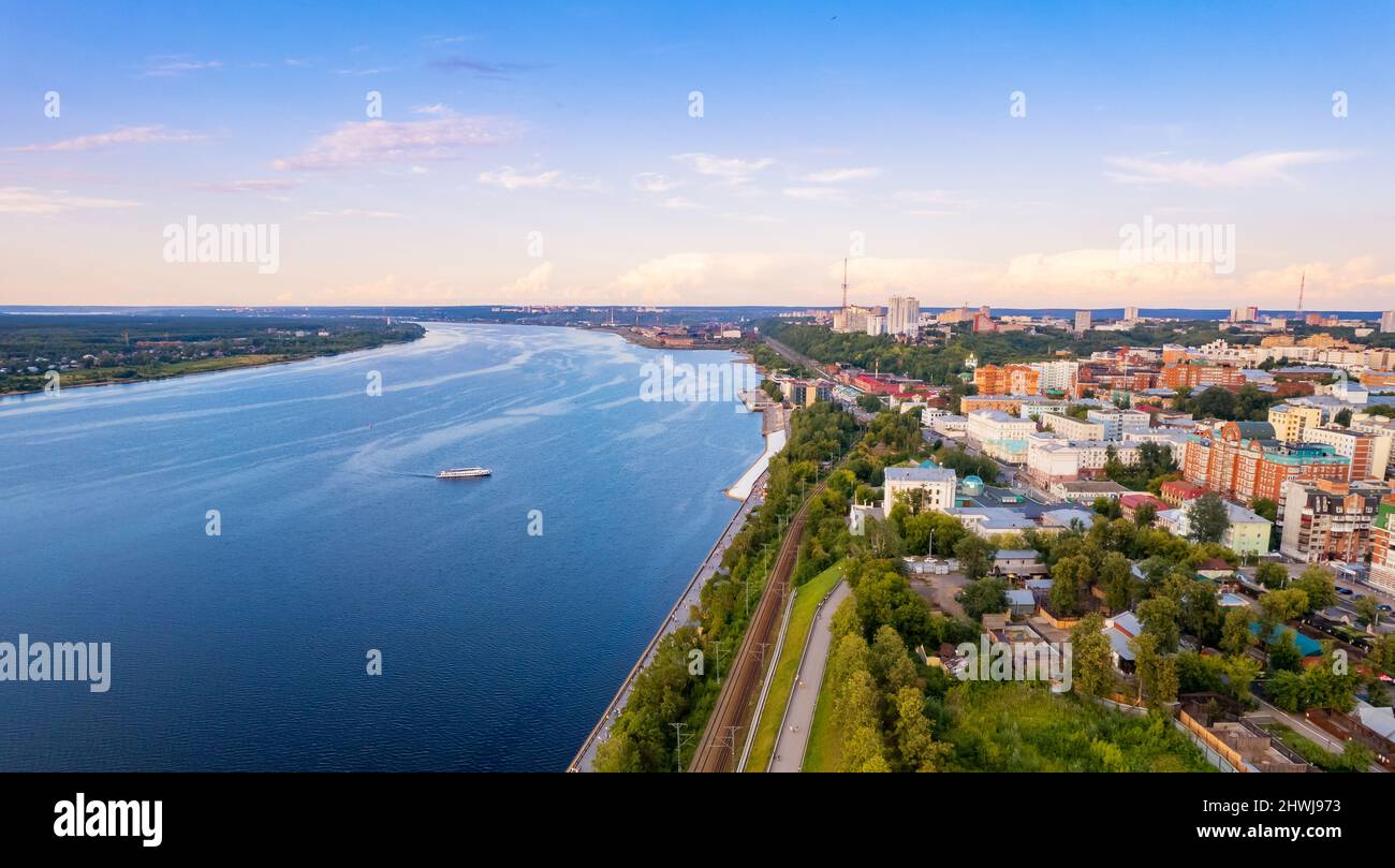 Aerial top view panorama city Perm and central embankment of Kama river ...