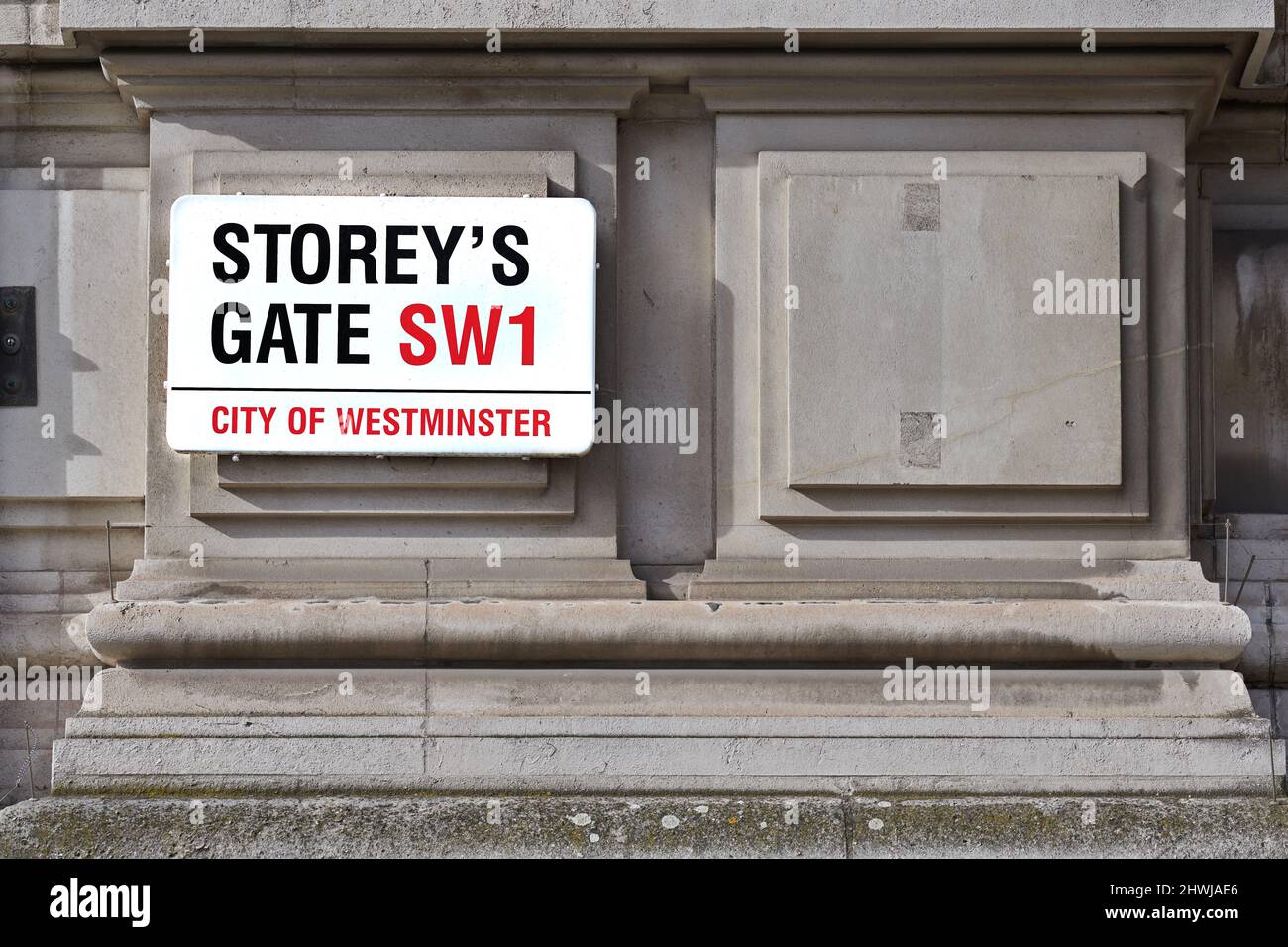 Street sign for Storey's Gate, Westminster SW1, London, England Stock ...