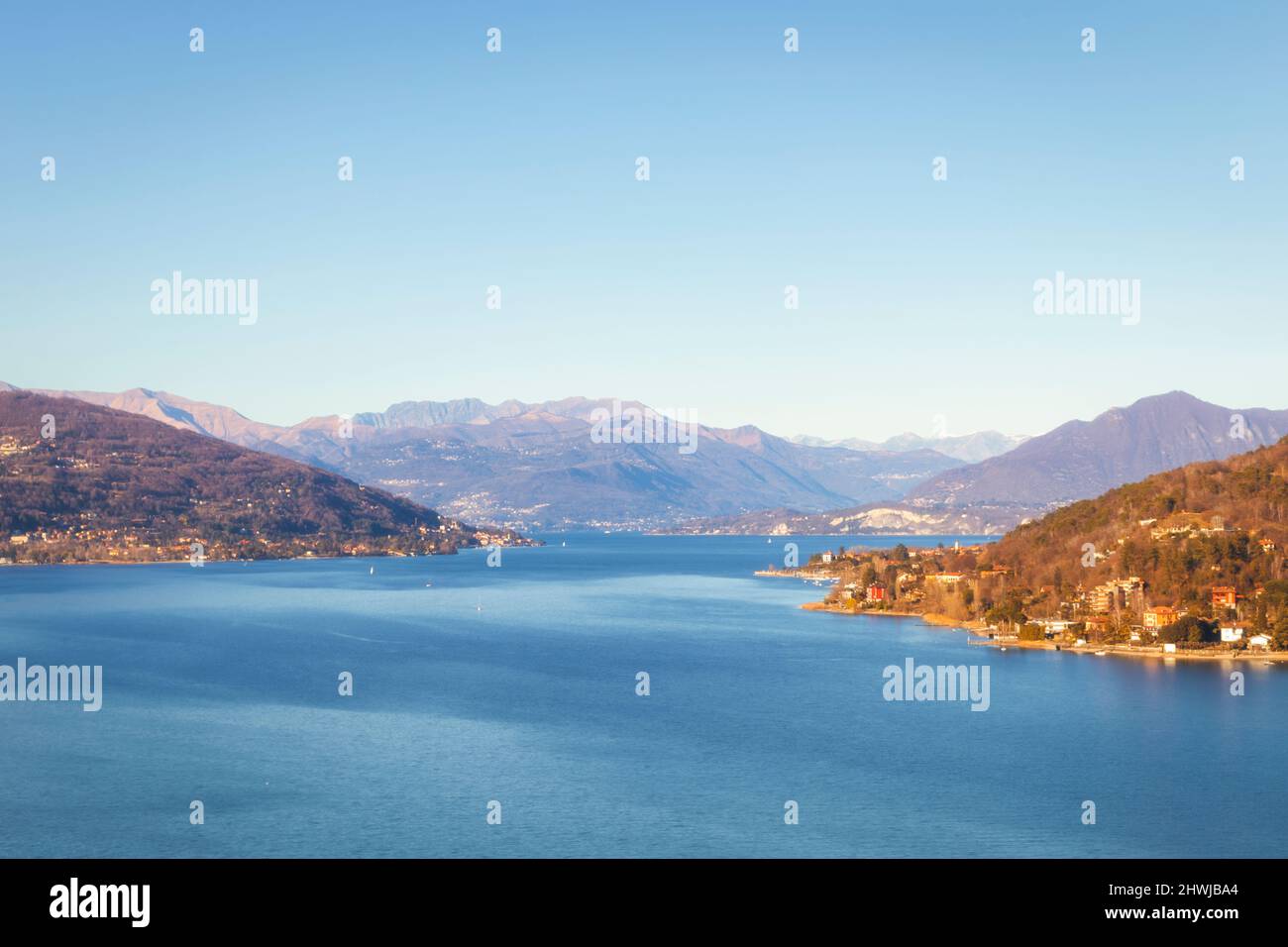 Aerial view of Lake Maggiore, Italy. Lake Maggiore is one of the most ...