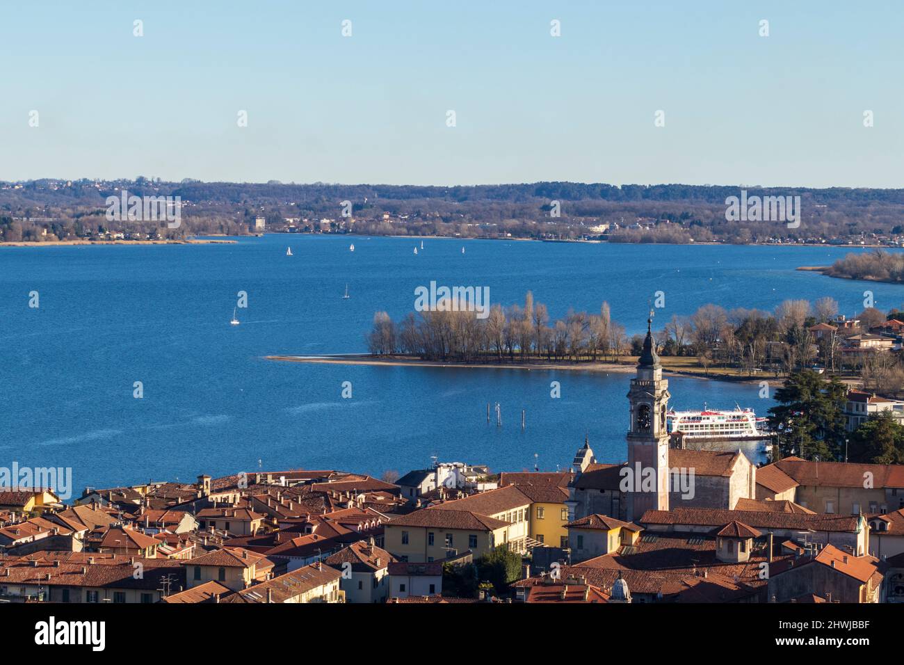 Aerial view of the town of Arona (Piedmont, Italy). The city of Arona ...