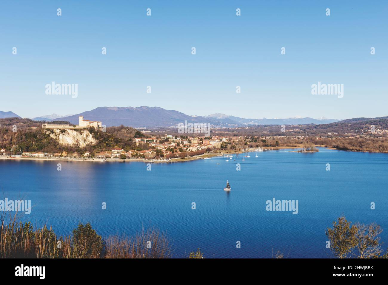 Aerial view of Lake Maggiore, Italy. Lake Maggiore is one of the most ...