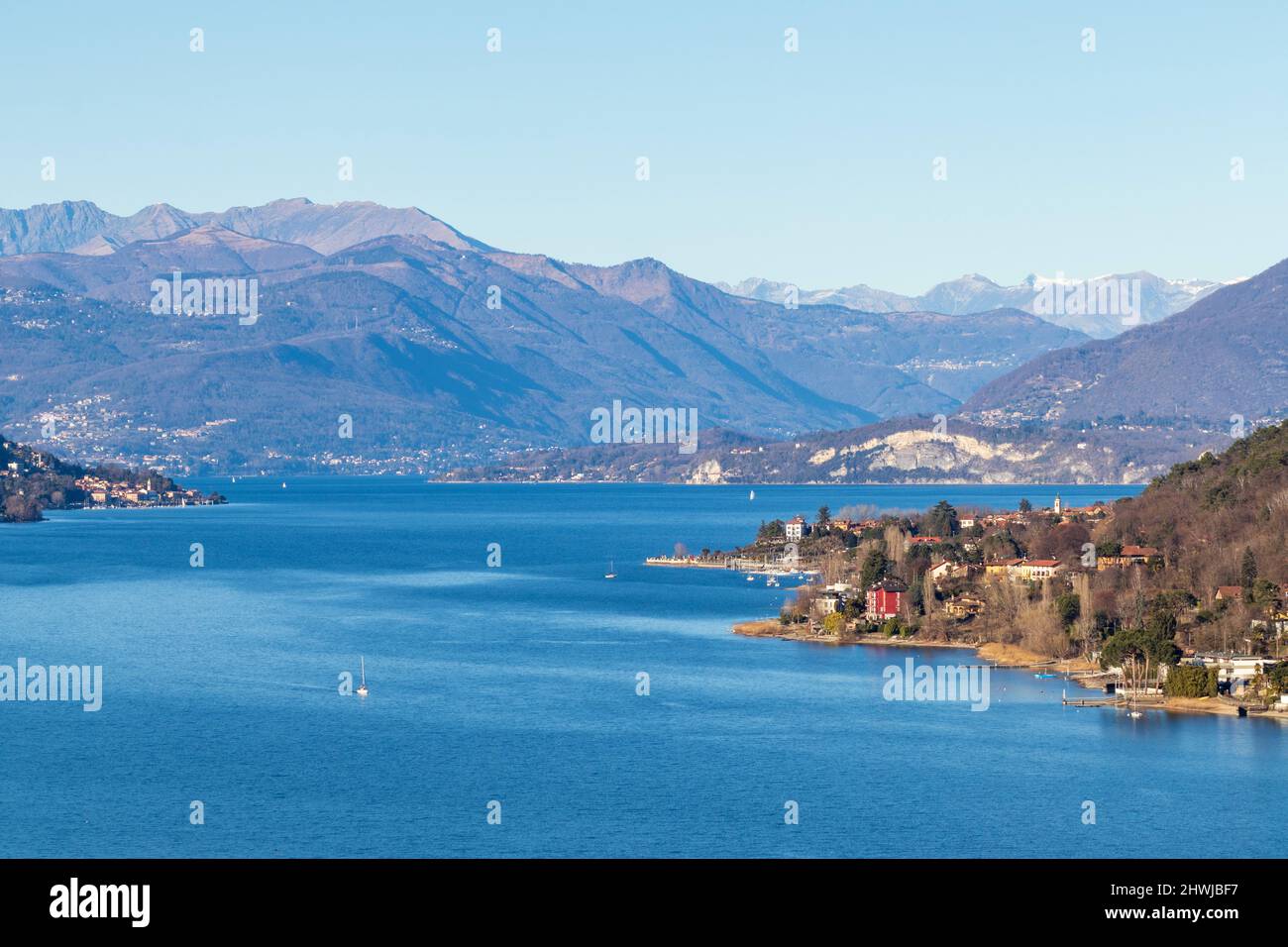 Aerial view of Lake Maggiore, Italy. Lake Maggiore is one of the most ...