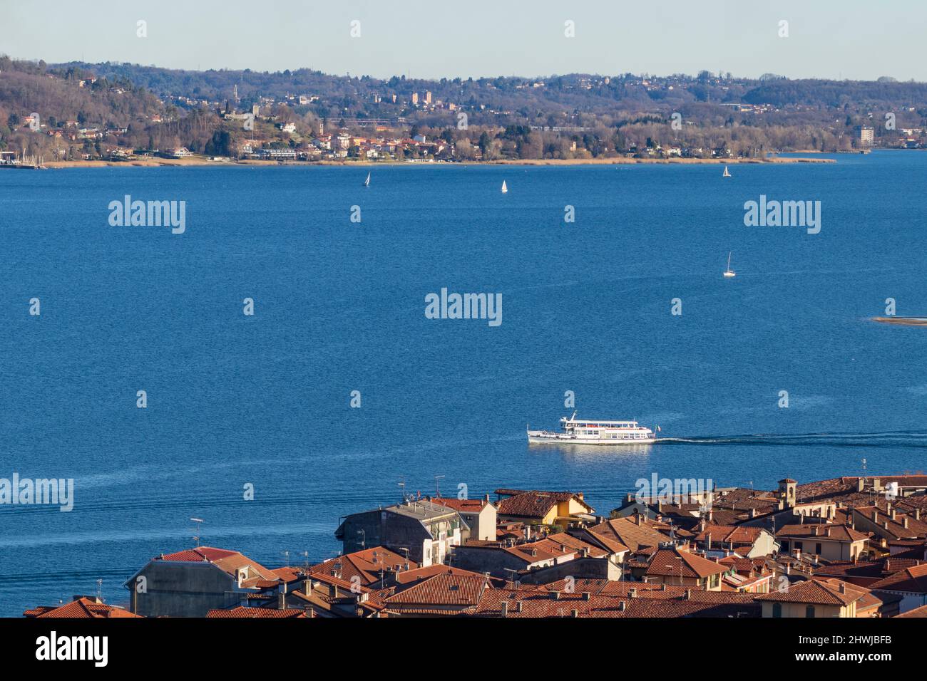 Aerial view of the town of Arona (Piedmont, Italy). The city of Arona ...