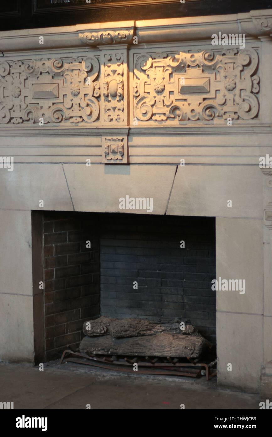 Vintage carved stone fireplace in the medieval Gothic style Stock Photo ...