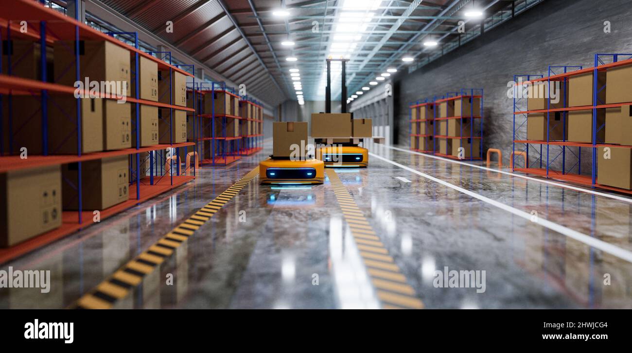 AGV transferring machine working in warehouse and logistics shopping ...