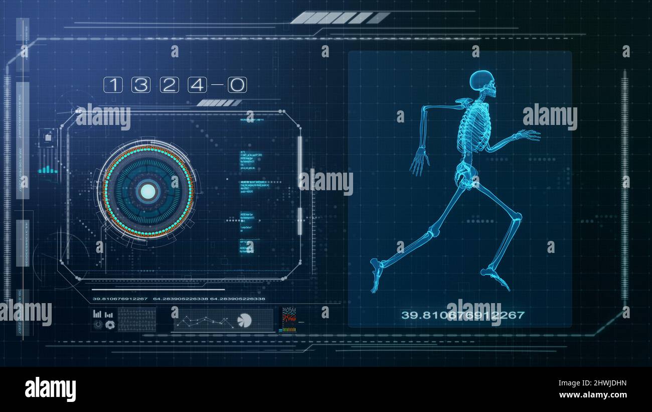 illustration human skeleton running with futuristic user interface ...