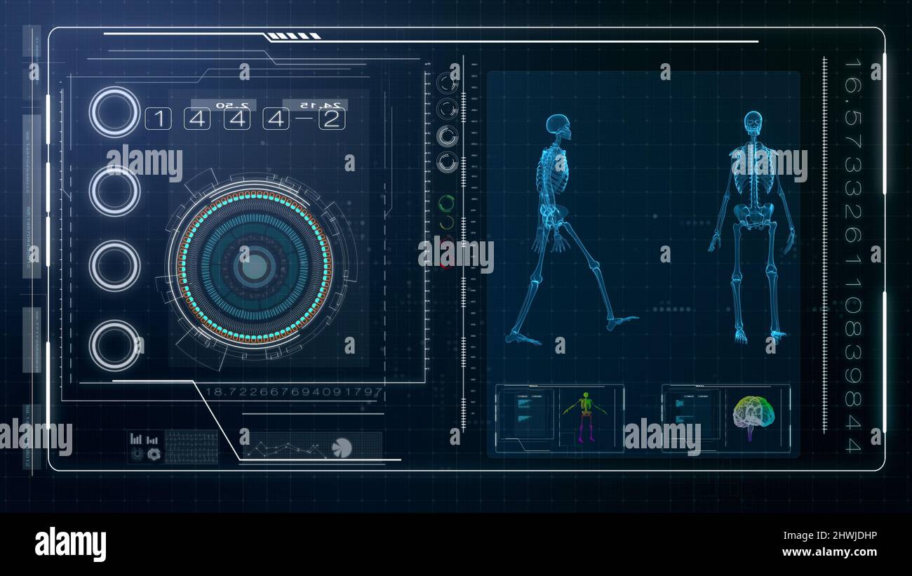 illustration human skeleton walking with futuristic user interface ...