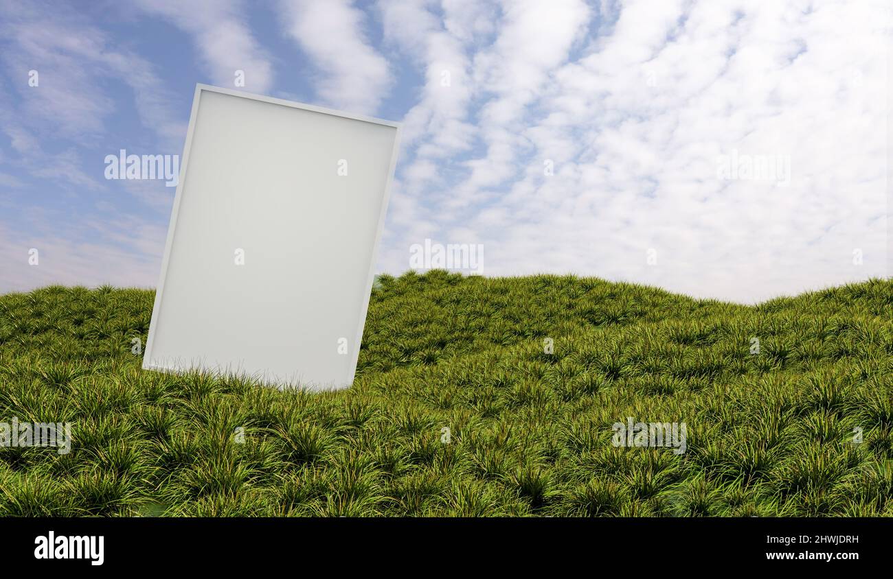 White board mock up in grass field, nature mock up concept, 3D ...
