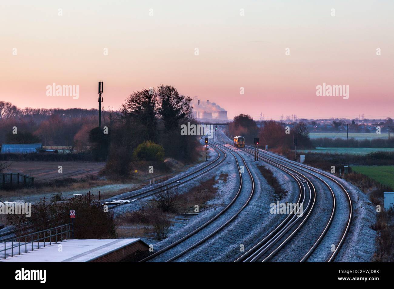 Northern rail class 158 express sprinter train at sunrise in the winter ...