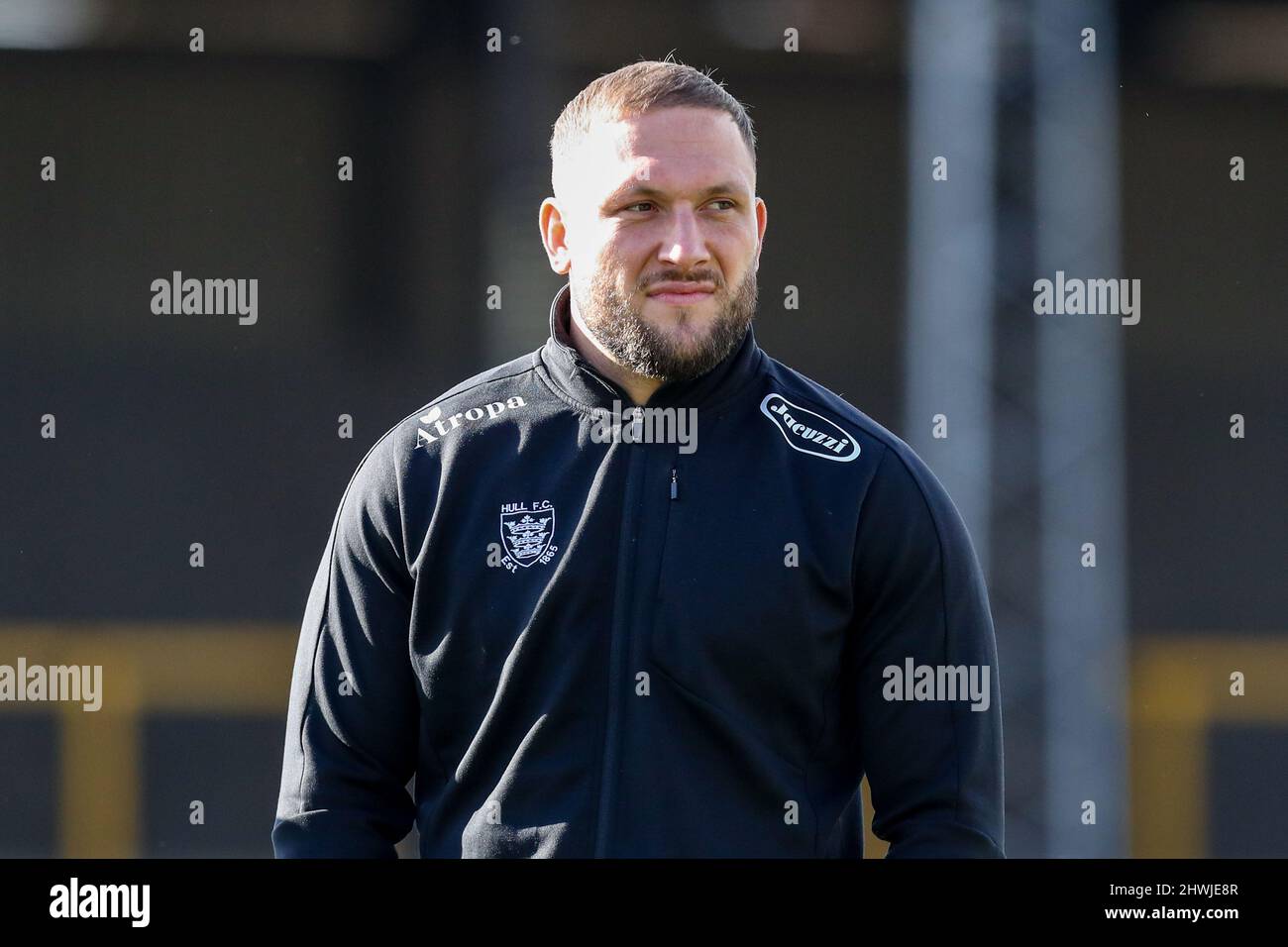 Josh Griffin #4 of Hull FC arrives at The Mend-A-Hose Jungle Stadium ...