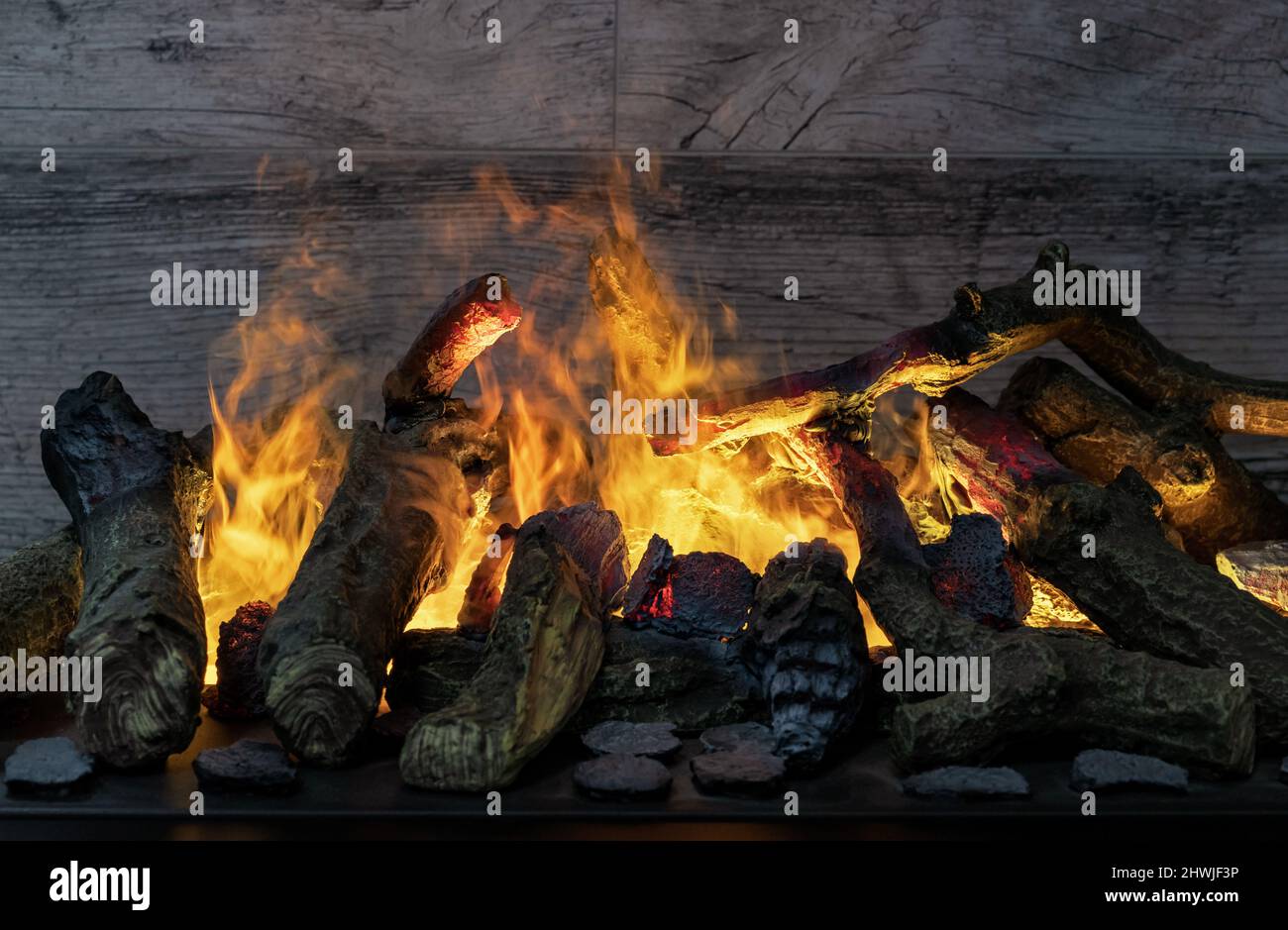 Artificial electric fireplace with realistic flame simulation Stock ...