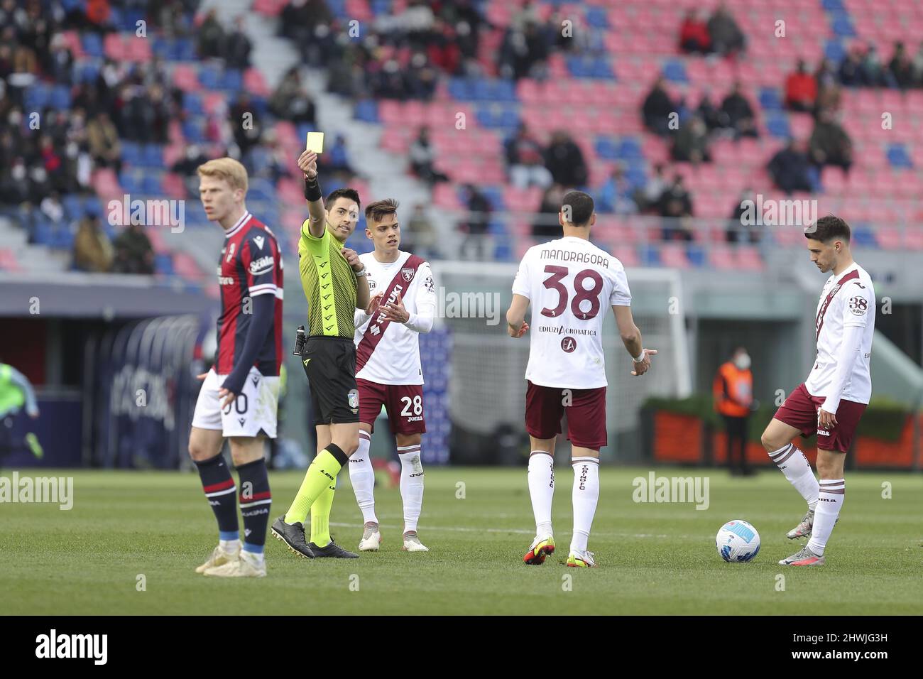 Bologna, Italy. 06th Mar, 2022. Luca Massimi shows the yellow card to ...