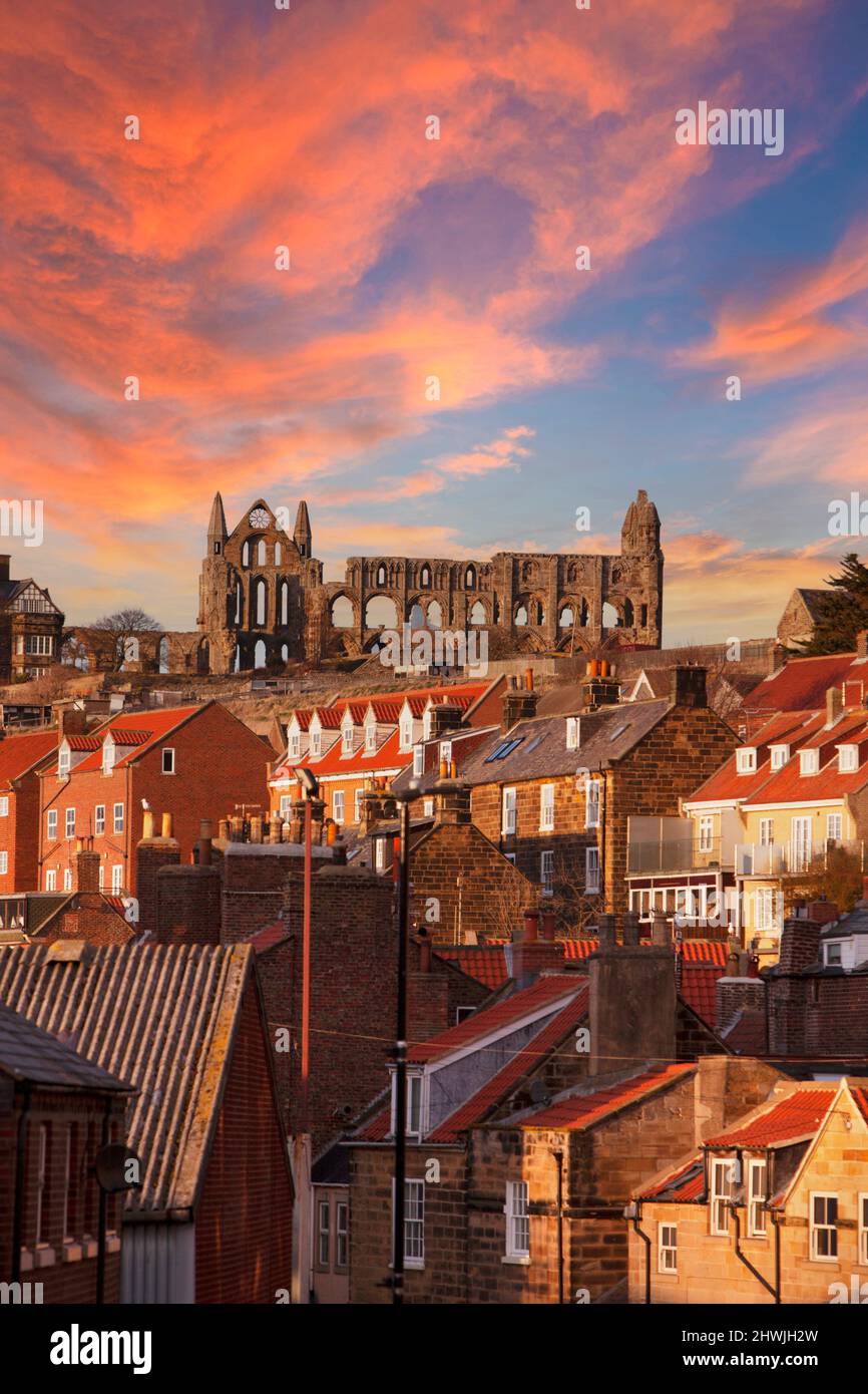 View of Whitby Abbey from Spital Bridge area of Whitby at dusk, North ...