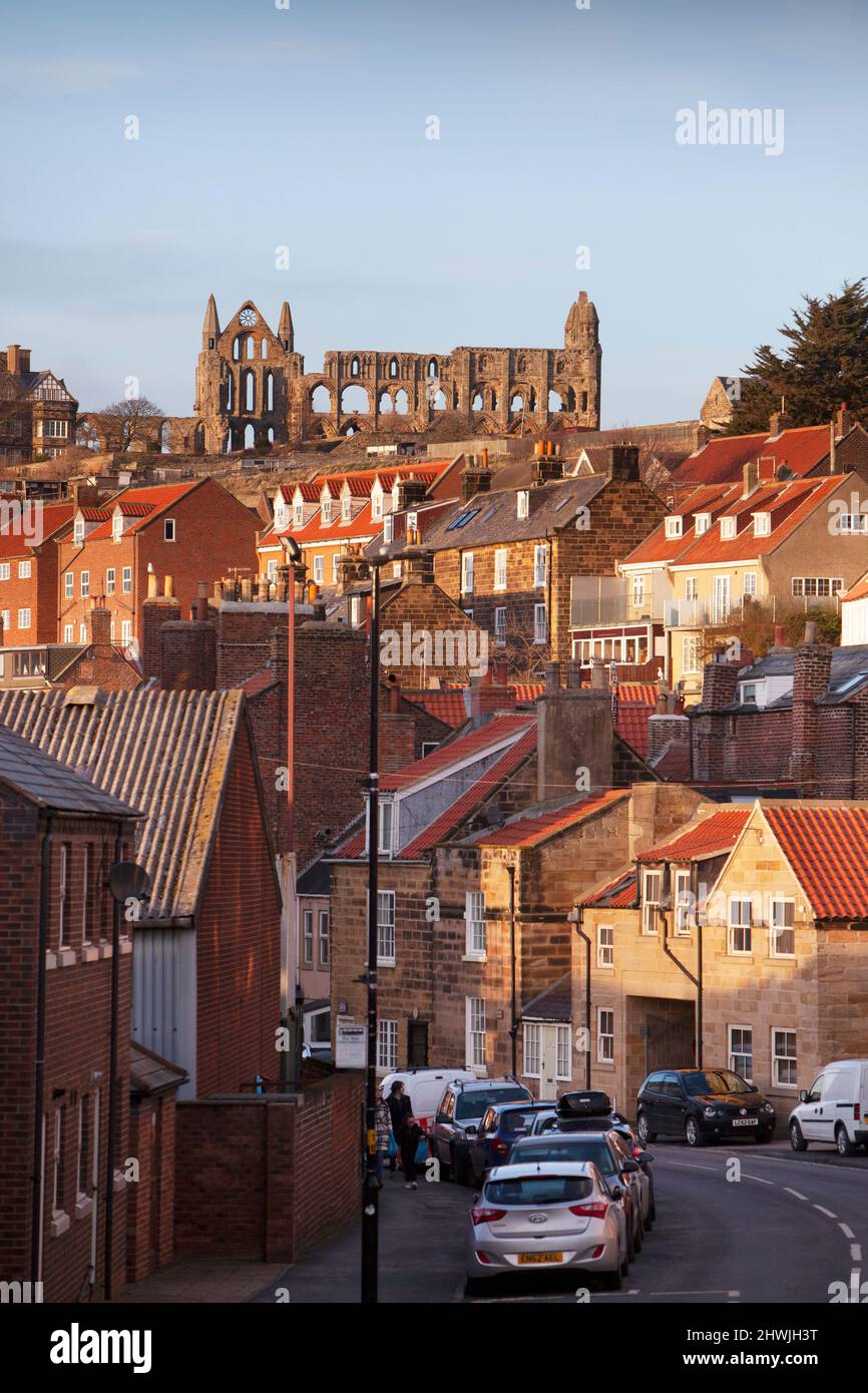 View of Whitby Abbey from Spital Bridge area of Whitby at dusk, North ...