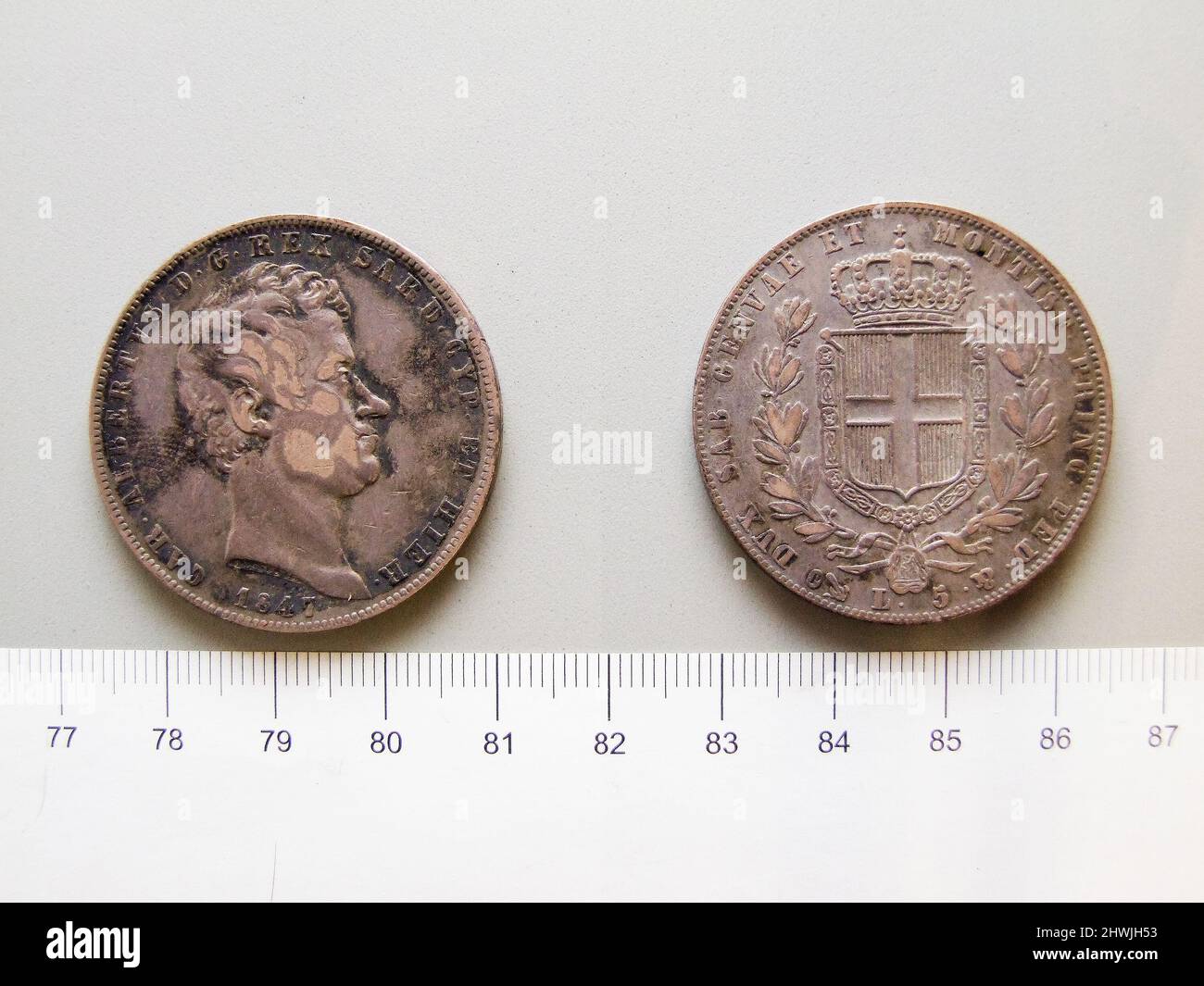 5 Lire from Turin with Carlo Alberto Amedeo di Savoia. Subject: Carlo ...