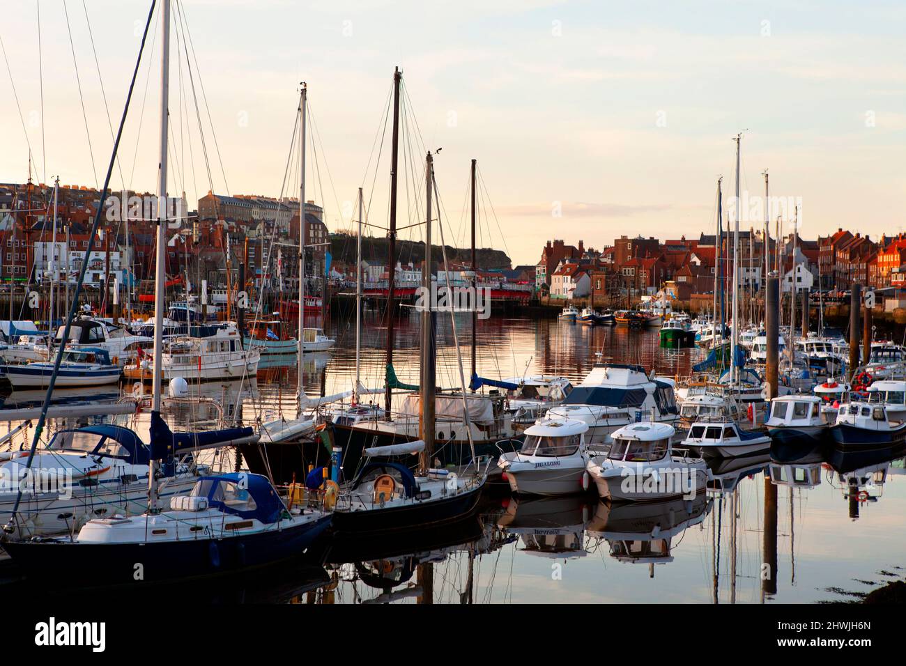 Berthed fishing boats and pleasure boats in the Upper Harbour of Whitby ...