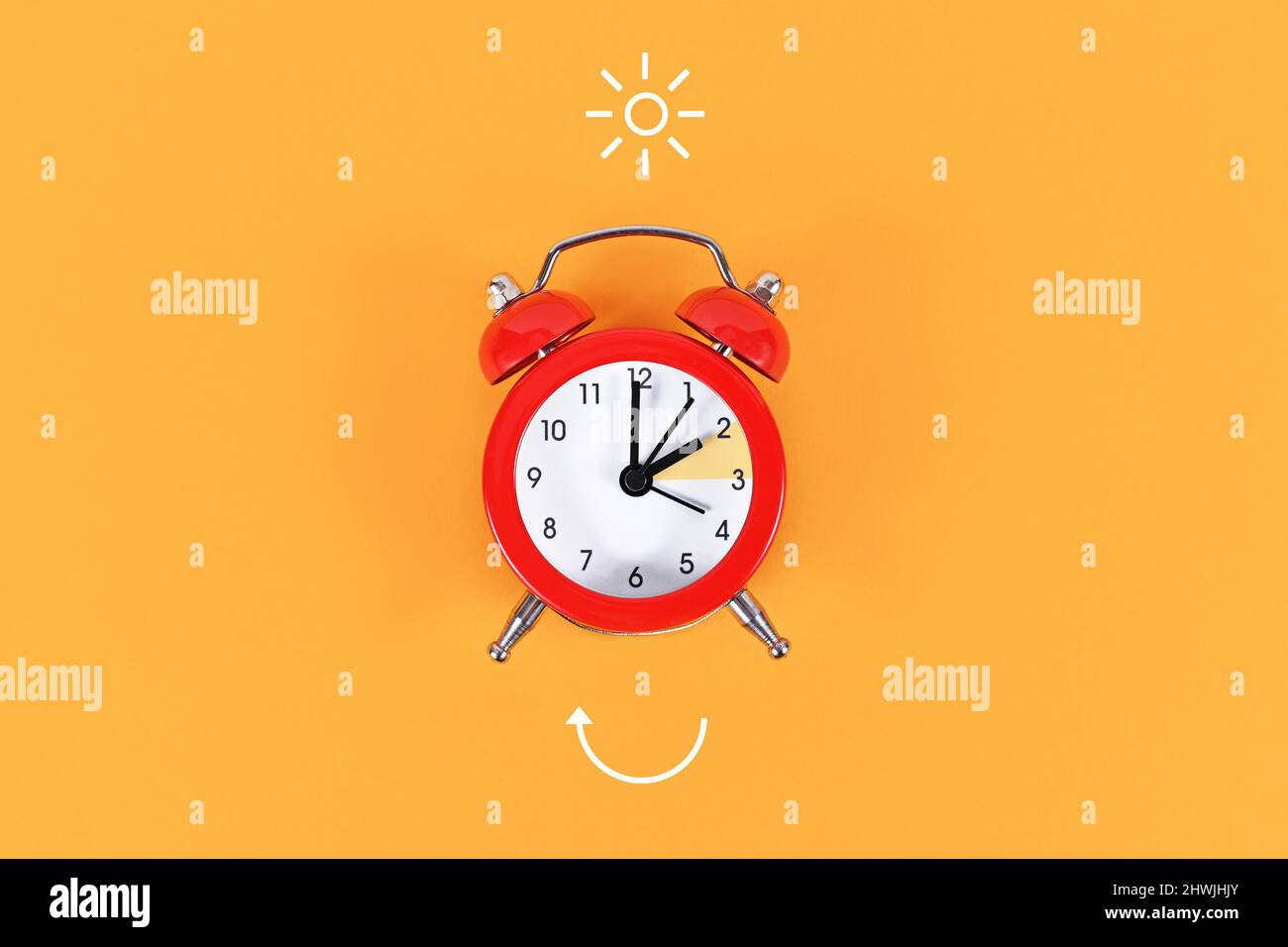 Concept for explaining summer daylight saving time with clock and arrow ...