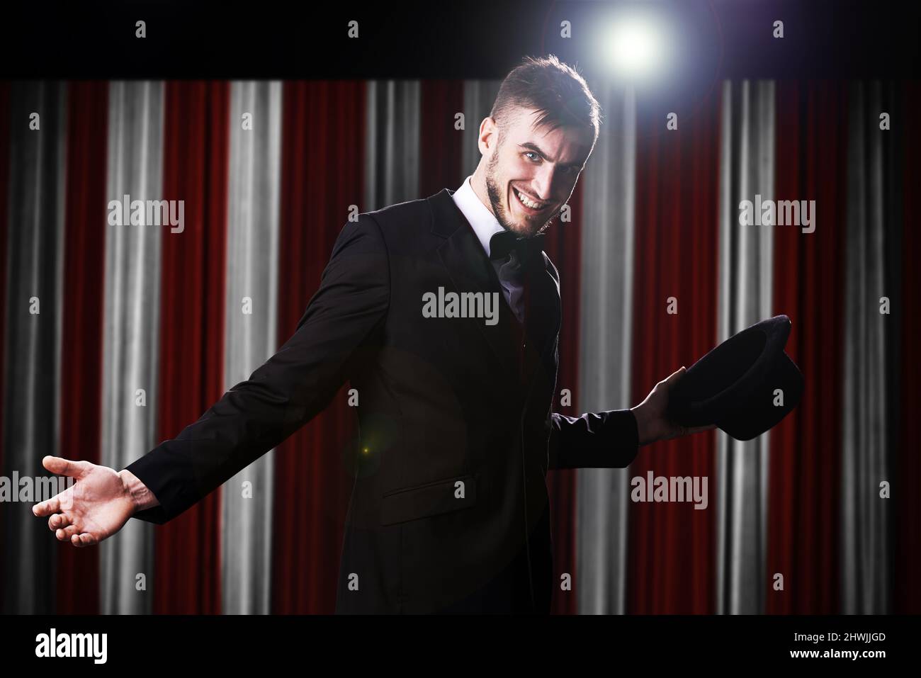 Welcome to the show. Shot of a magician at a carnival performance Stock ...