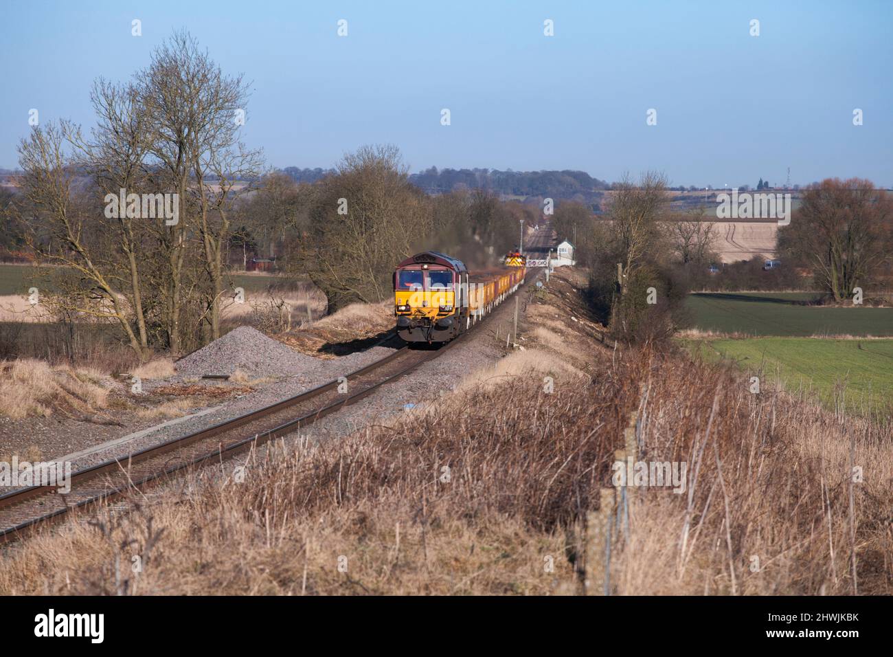 DB Cargo rail class 66 diesel locomotive 66113 passing Southorpe on the ...