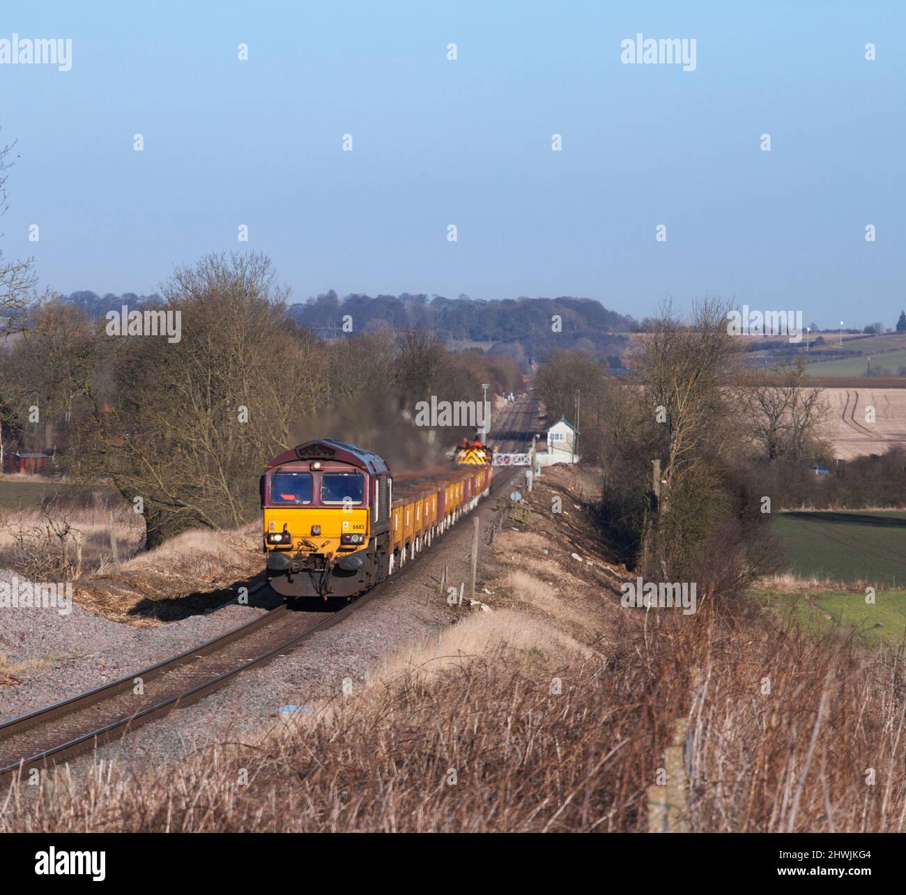 DB Cargo rail class 66 diesel locomotive 66113 passing Southorpe on the ...