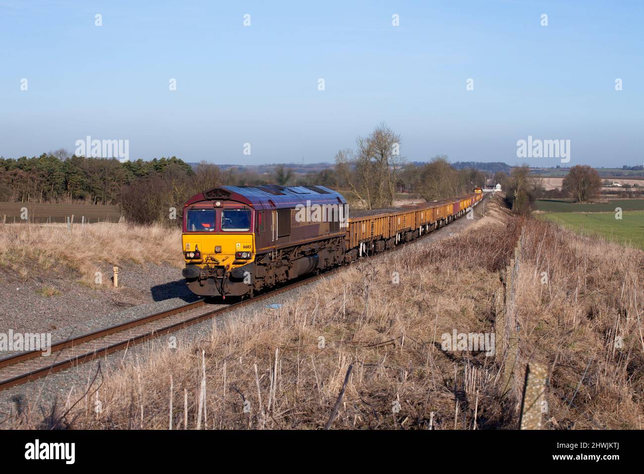 DB Cargo rail class 66 diesel locomotive 66113 passing Southorpe on the ...