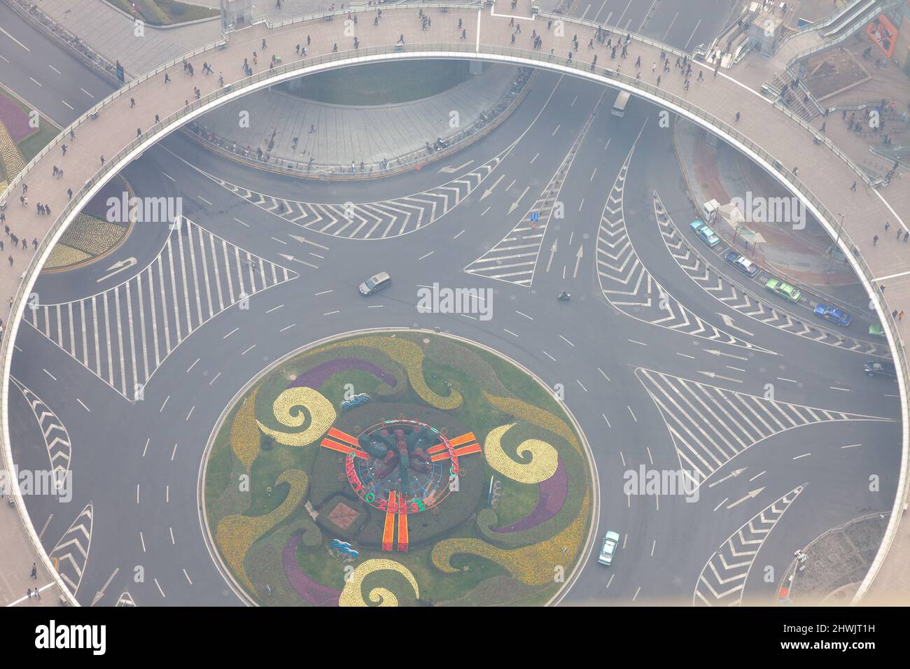 Aerial view of a major roundabout at the foot of the television tower ...