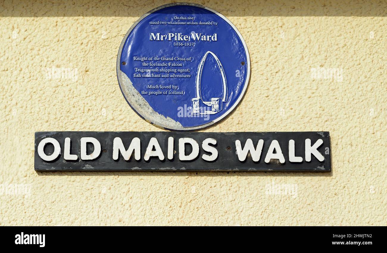 A blue plaque to Pike Ward along Old Maid's Walk in Teignmouth, South ...