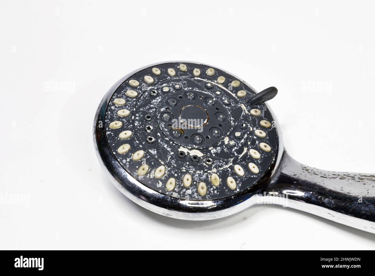 Limescale on shower head isolated on grey background Stock Photo - Alamy