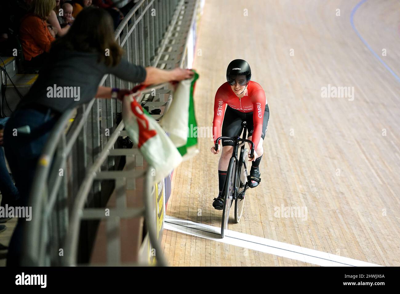 Lowri Thomas of Team Wales after winning the Women's Team Sprint during ...