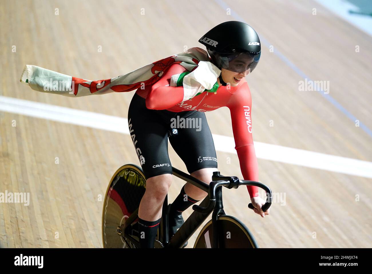 Lowri Thomas of Team Wales after winning the Women's Team Sprint during ...