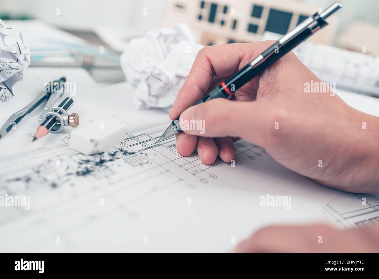 eraser crumbs and compass on drawing design working on bueprint. House ...