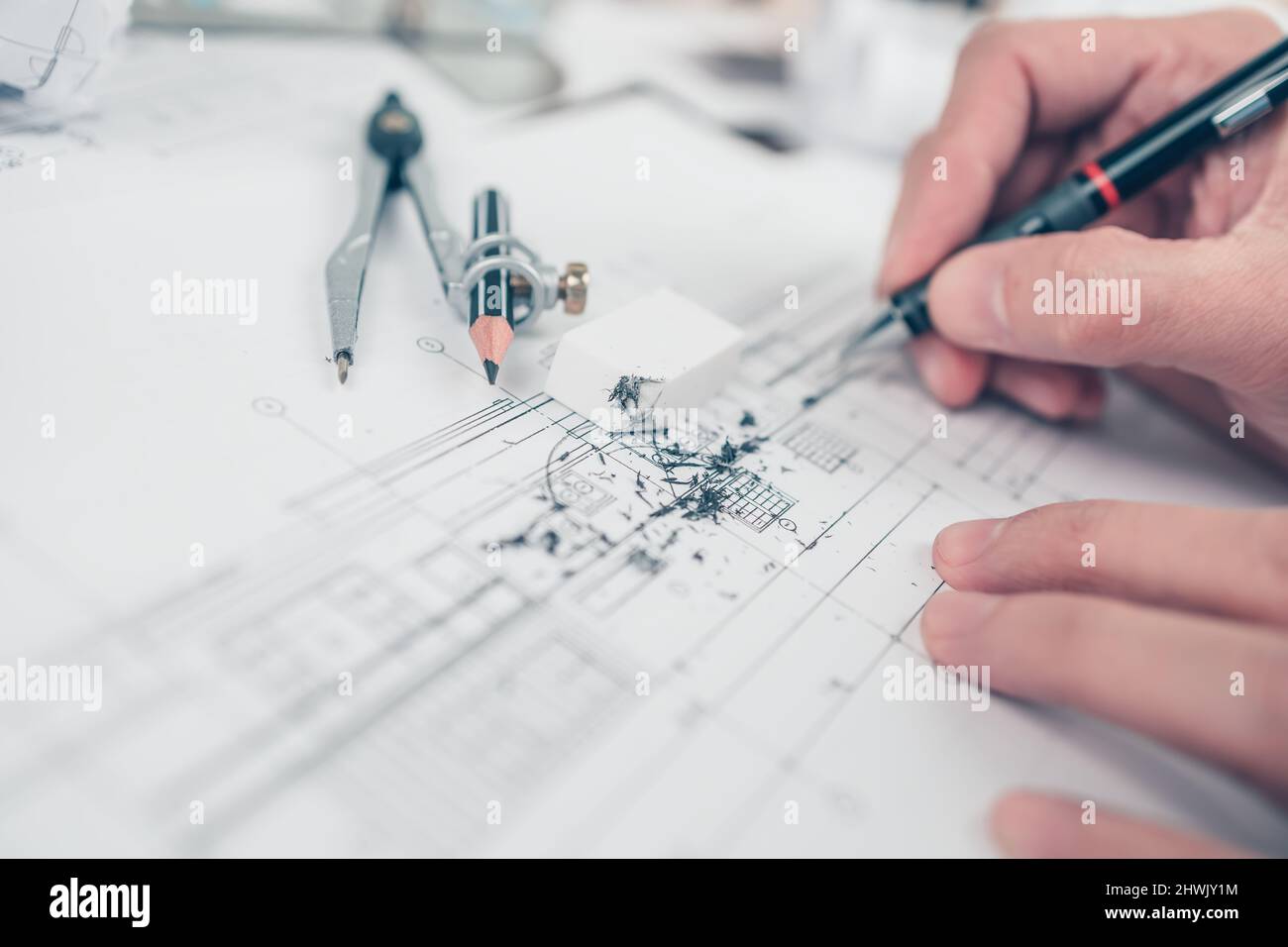 eraser crumbs and compass on drawing design working on bueprint. House ...