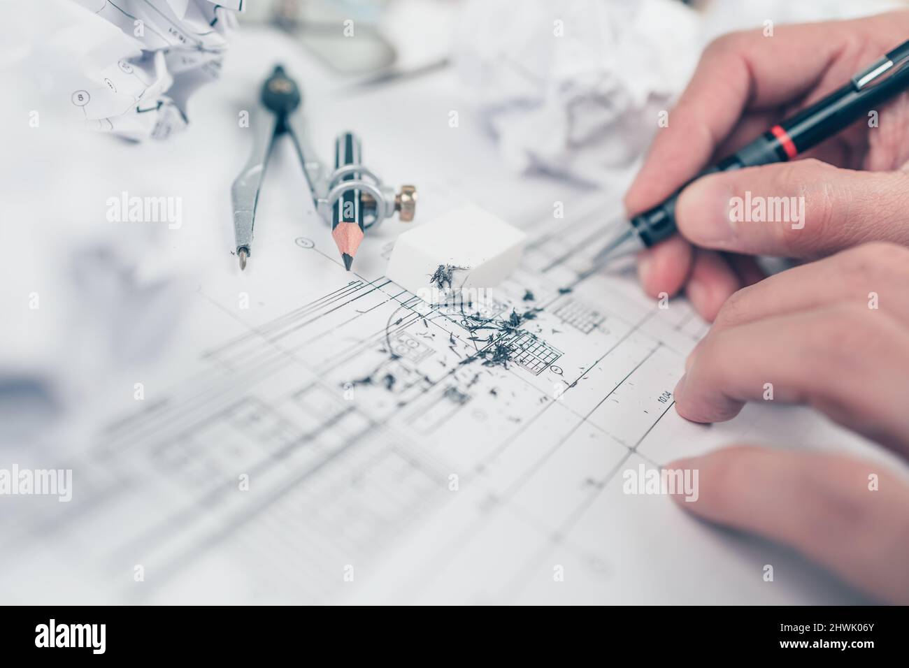 eraser crumbs and compass on drawing design working on bueprint. House ...