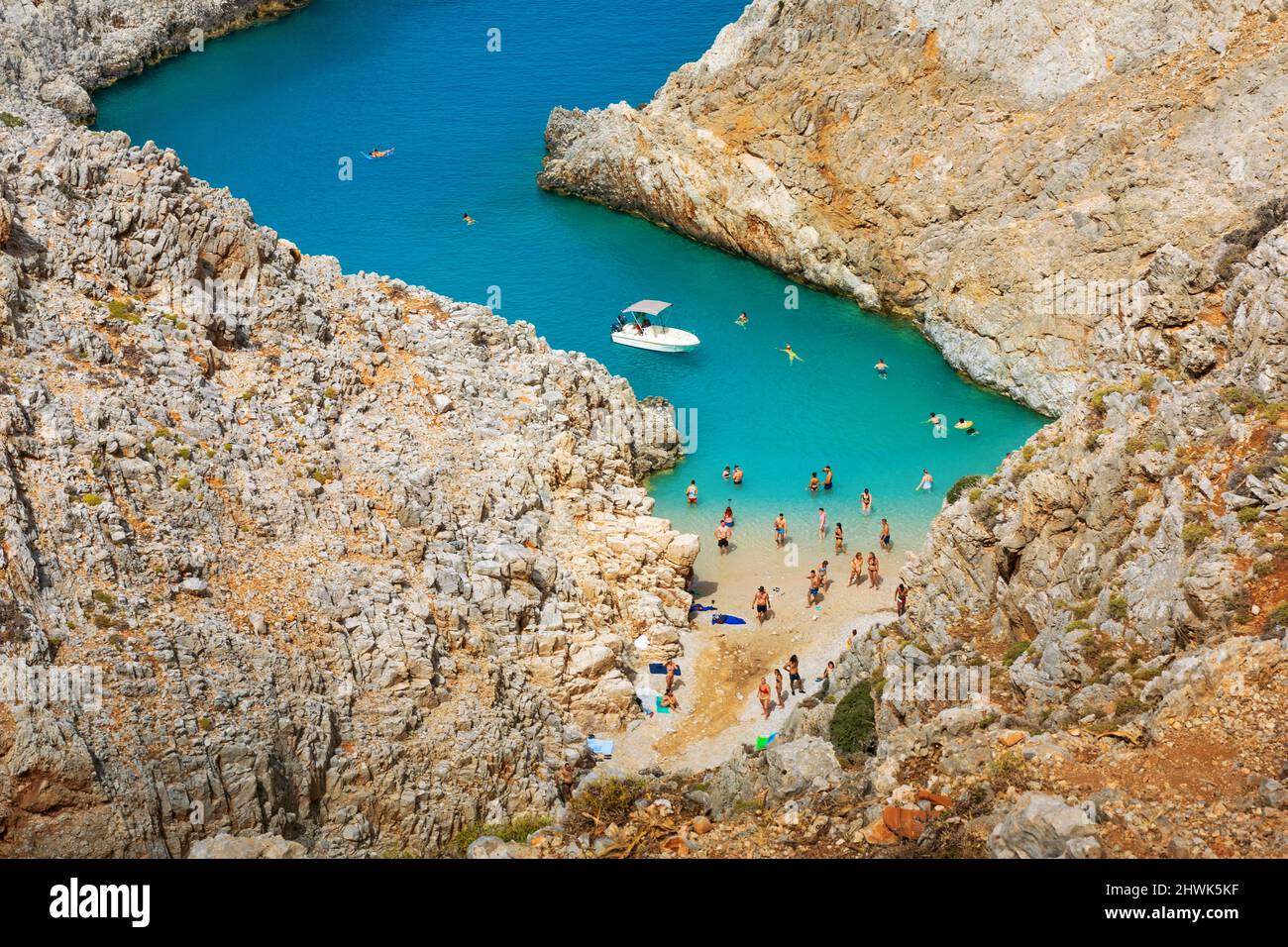 Magical view above Seitan Limania beach with tourists enjoying their ...