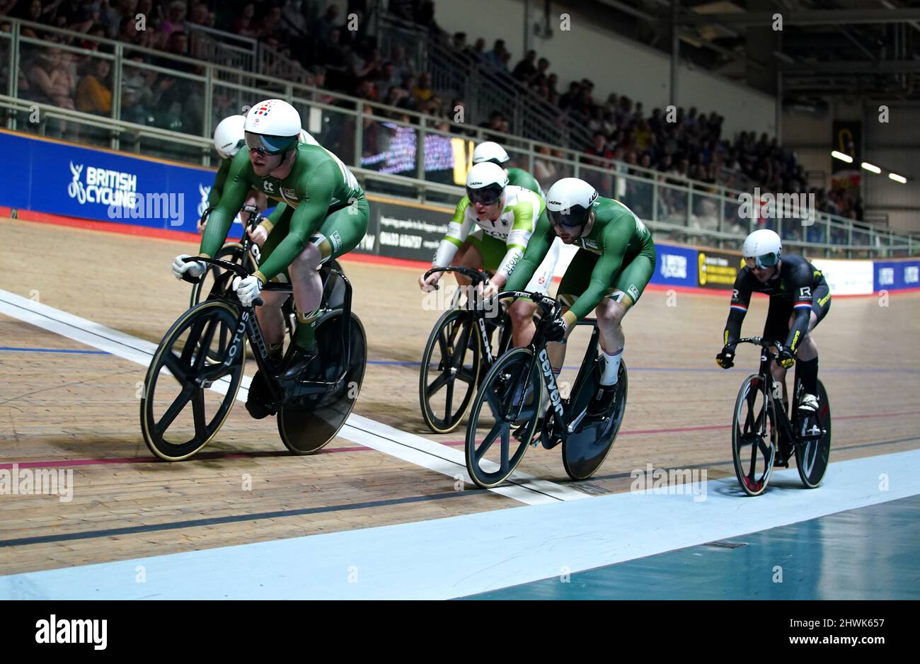 Jack Carlin (left) wins the Men's Keirin during day four of the HSBC UK ...