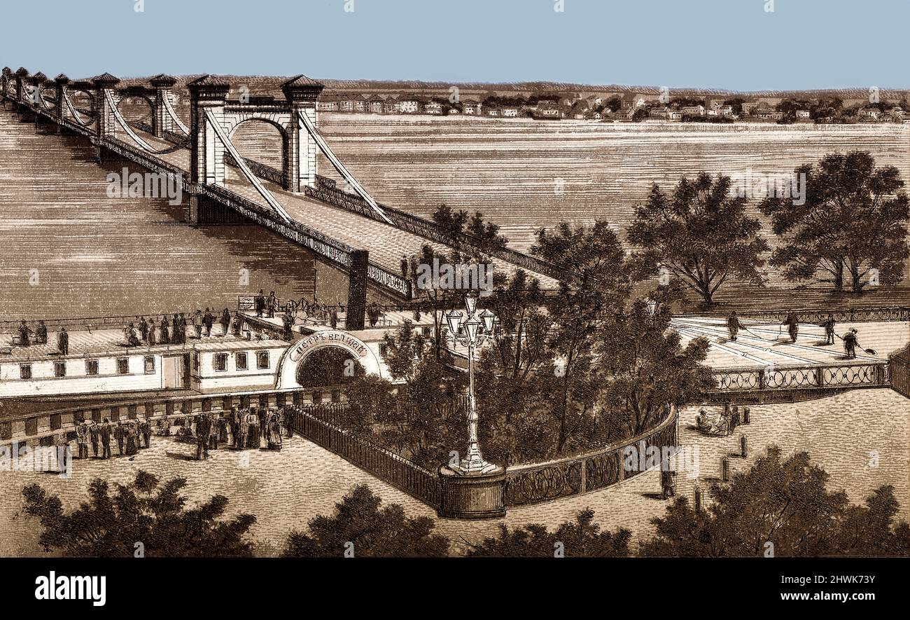 The Nicholas Chain Bridge over the Dnieper, Kiev, Ukraine, ca. 19th ...