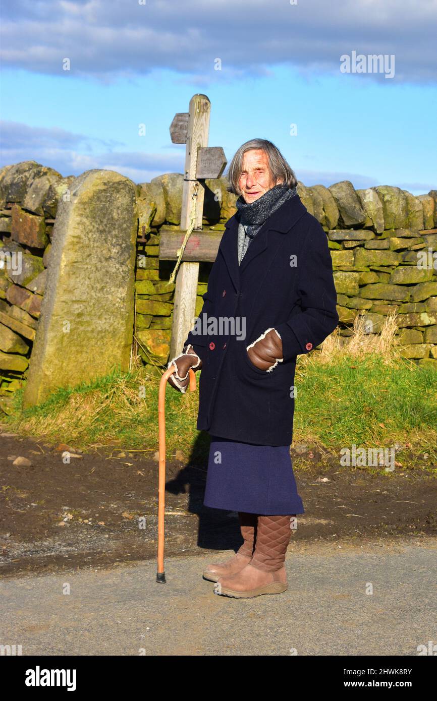 Old Lady walker in the Pennines, Hebden Bridge, West Yorkshire Stock ...