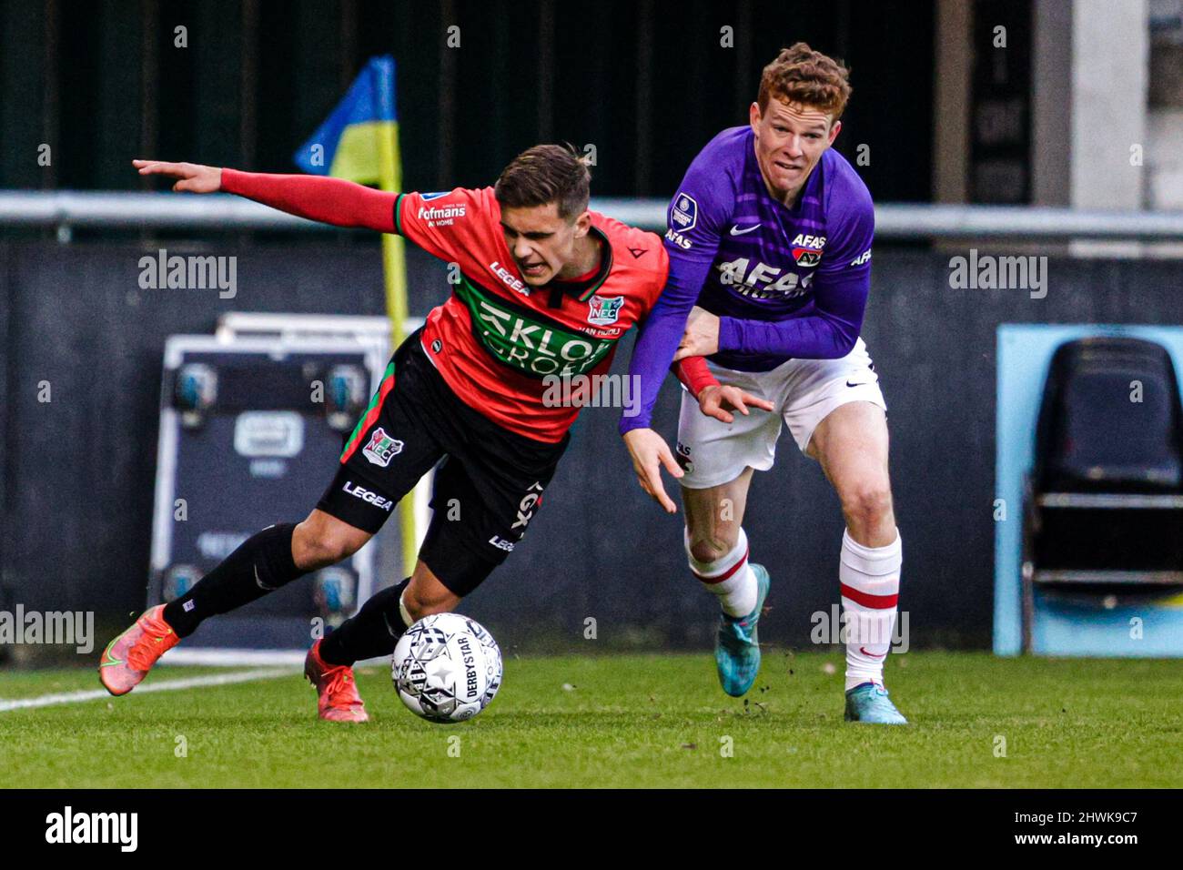 NIJMEGEN, NETHERLANDS - MARCH 6: Bart van Rooij of N.E.C., Aslak Fonn Witry of AZ Alkmaar during ...