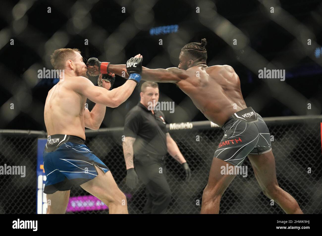 Las Vegas, Nevada, USA. 05th Mar, 2022. (R-L) Devonte Smith punches ...