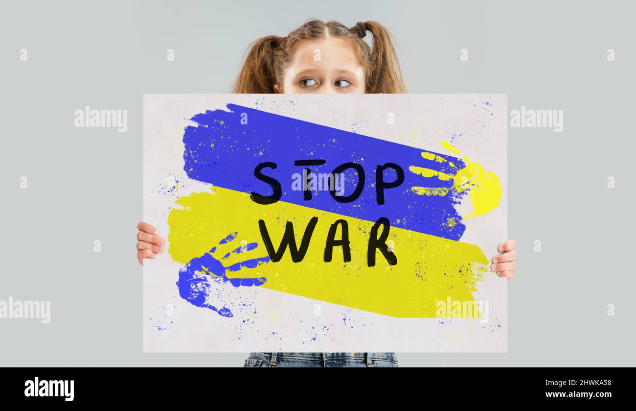 Conceptual collage with teen girl showing Stop war poster isolated over ...