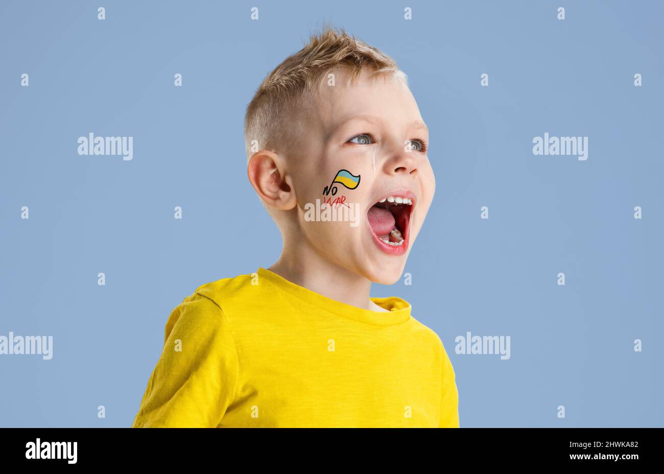 Conceptual collage with crying little boy, kid shouting isolated on ...