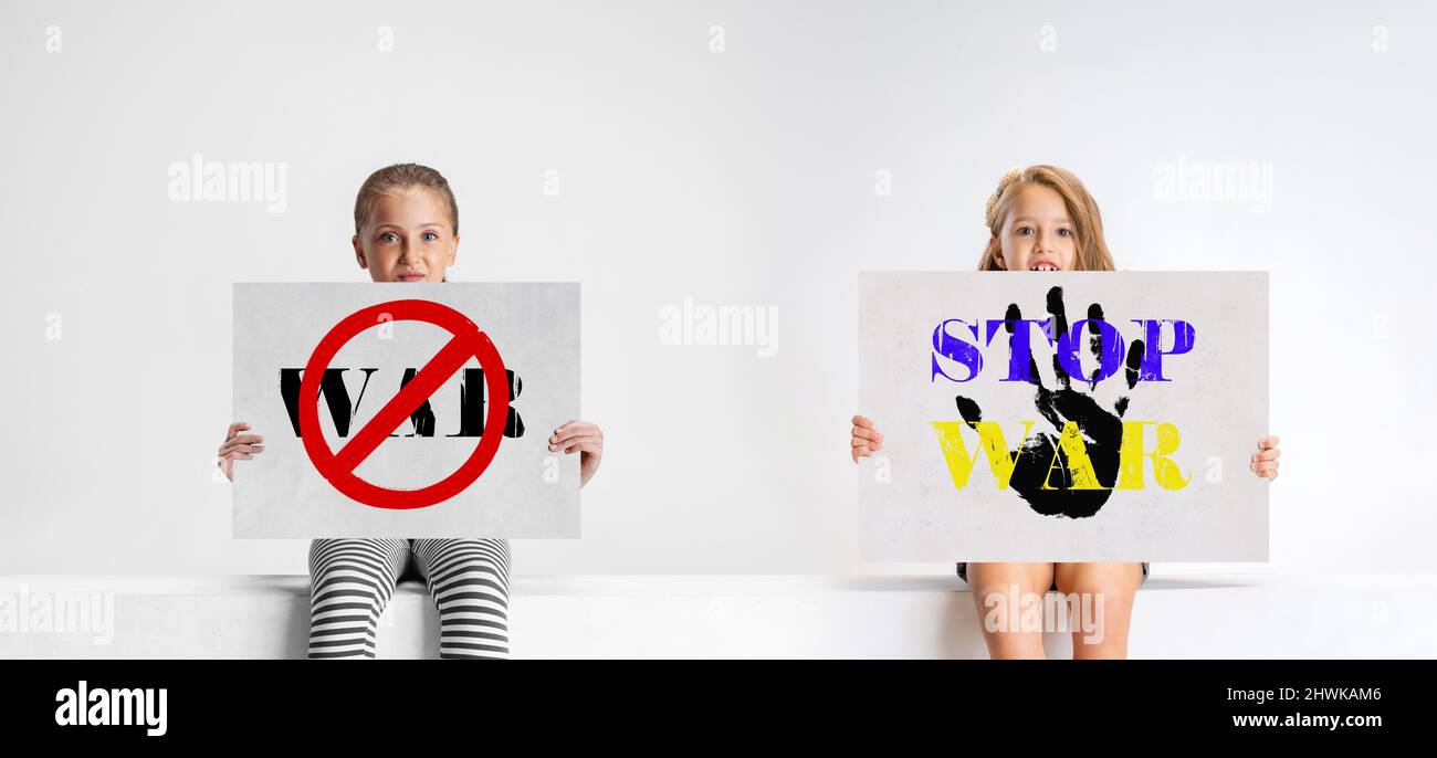 Conceptual collage with little girl showing Stop war poster isolated ...
