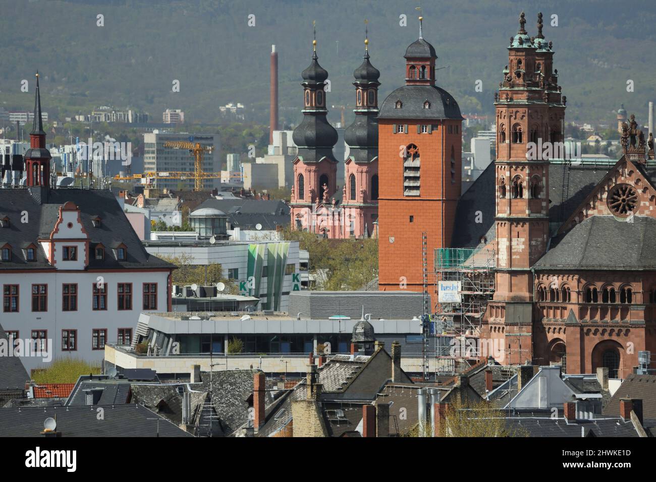 View from the citadel on church towers of Mainz, Rhineland-Palatinate ...