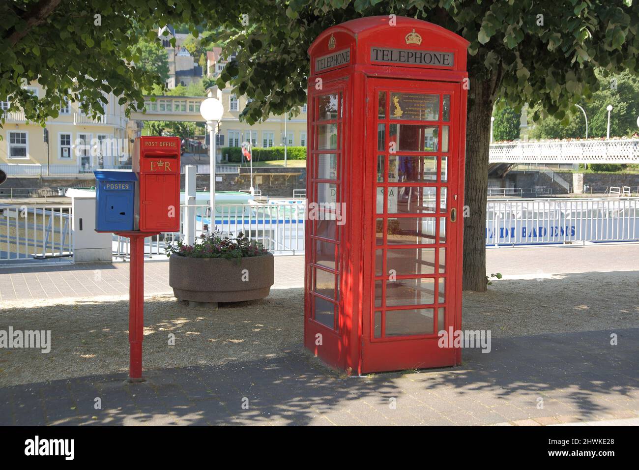 Historic phone booth and post box in Bad Ems, Rhineland-Palatinate ...