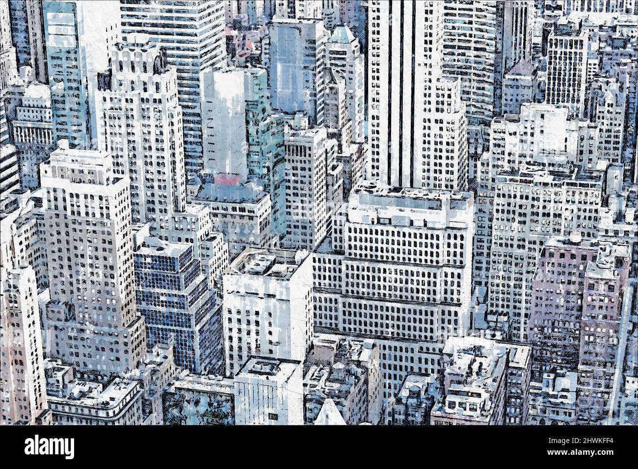 Drawing of New York City skyscrapers in midtown Manhattan aerial ...
