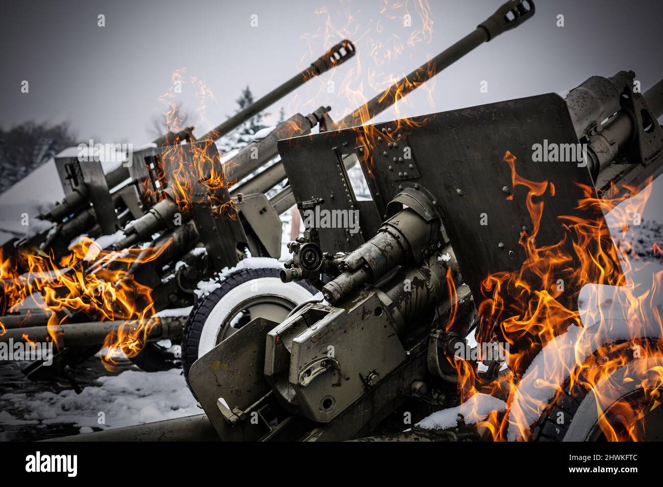 Military anti-aircraft guns fire understated Stock Photo - Alamy