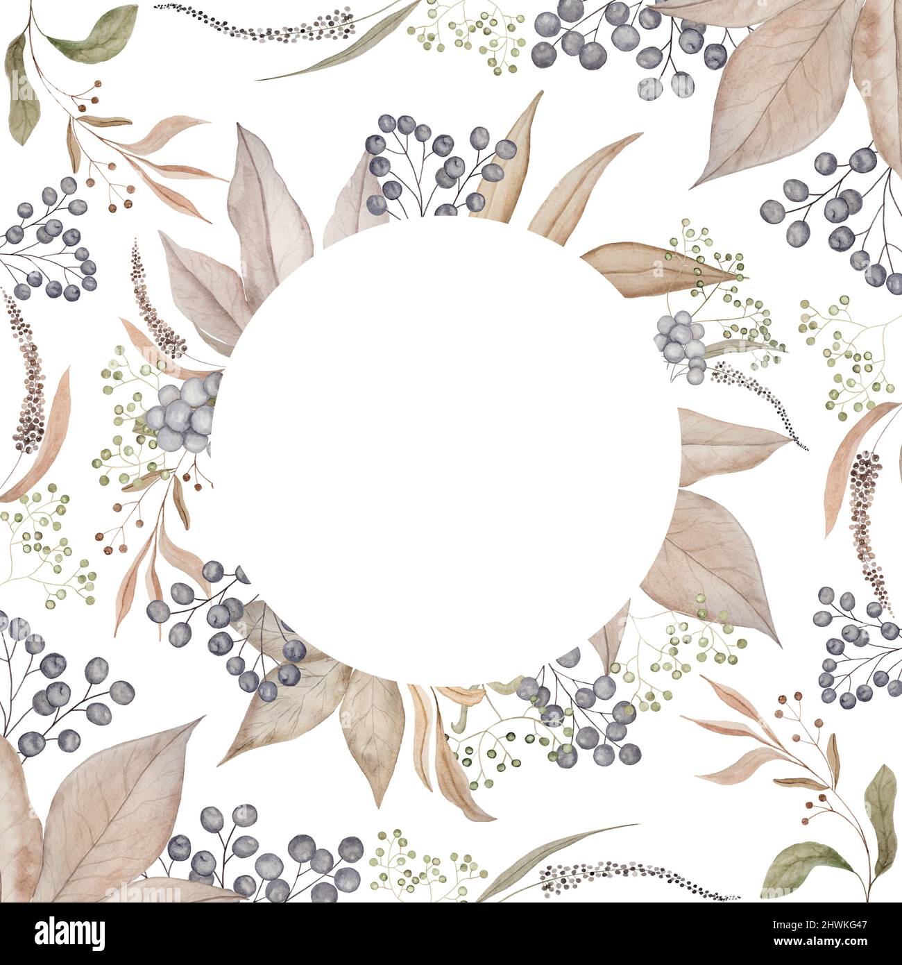 Painted watercolor delicate and romantic leaves and berries. Pastel ...