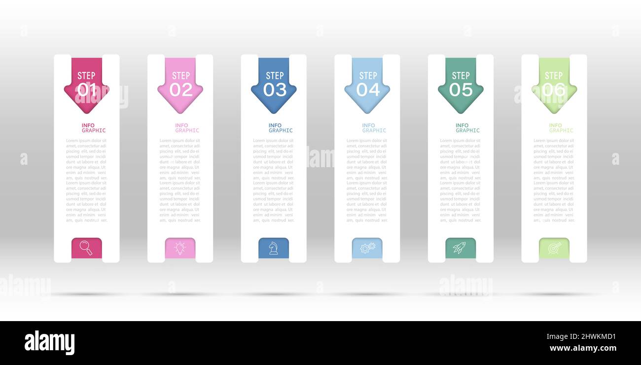 Business infographics. 6 stages of achieving the goal. Stages of the ...