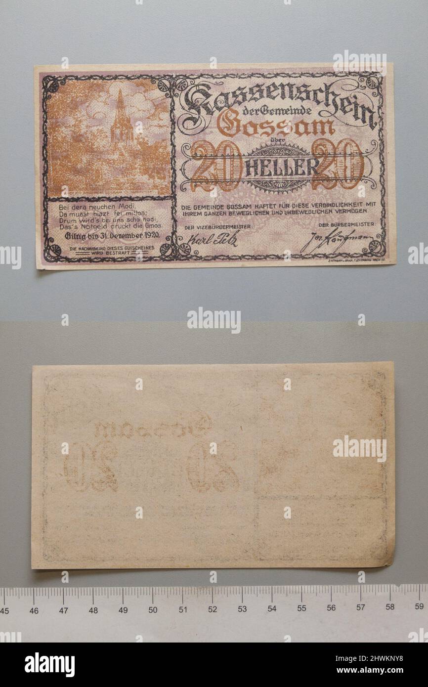 20 heller from Gossam, Notgeld. Mint: Gossam Stock Photo - Alamy